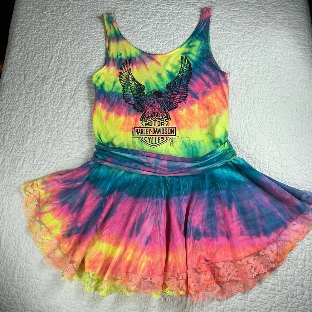 Vintage | Dresses | Harley Davidson 987 Holoubek Tie Dye Mini Flare ...
